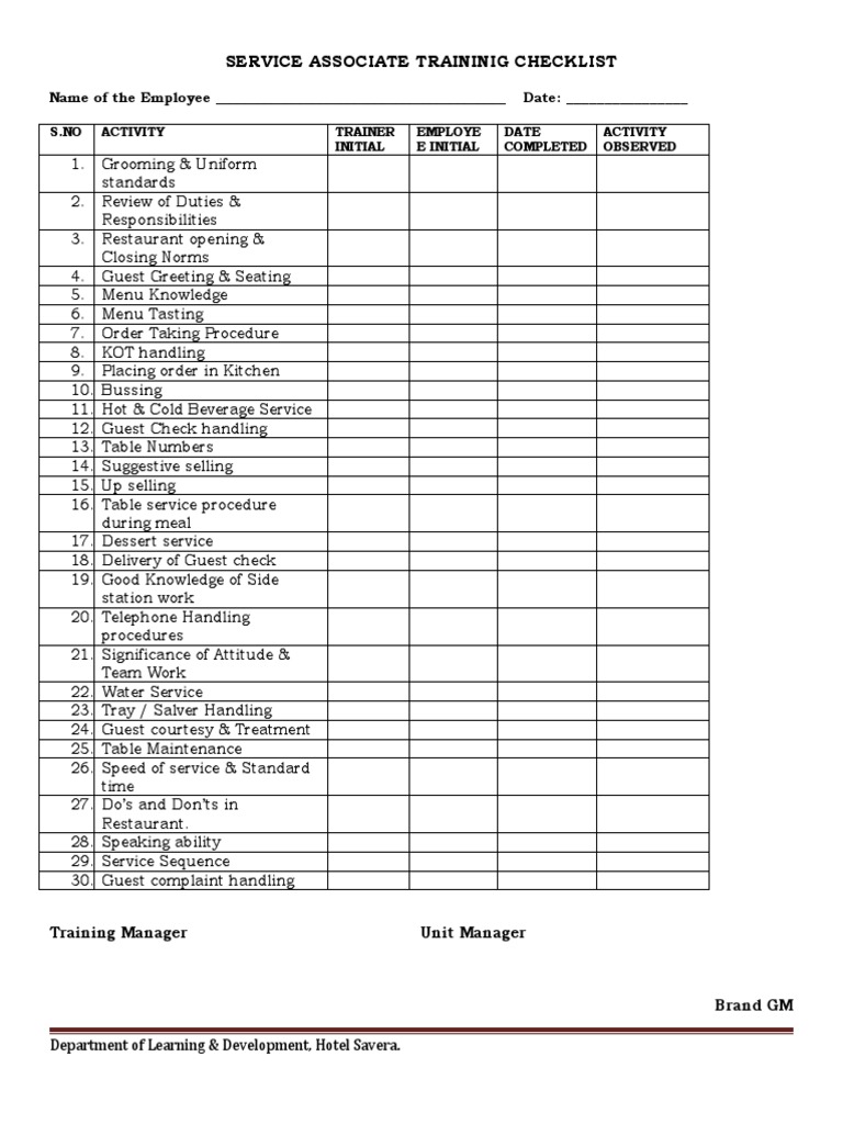 Restaurant Service Associate Training Checklist | PDF
