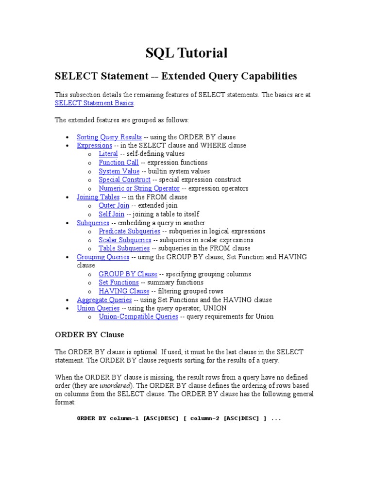 Sql Tutorial Select Statement Extended Query Capabilities Pdf Sql Computer Programming