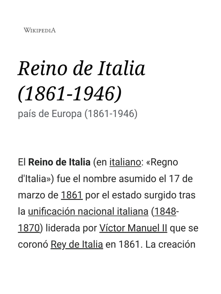 Reino de Italia (1861-1946) - Wikipedia, La Enciclopedia Libre | PDF ...