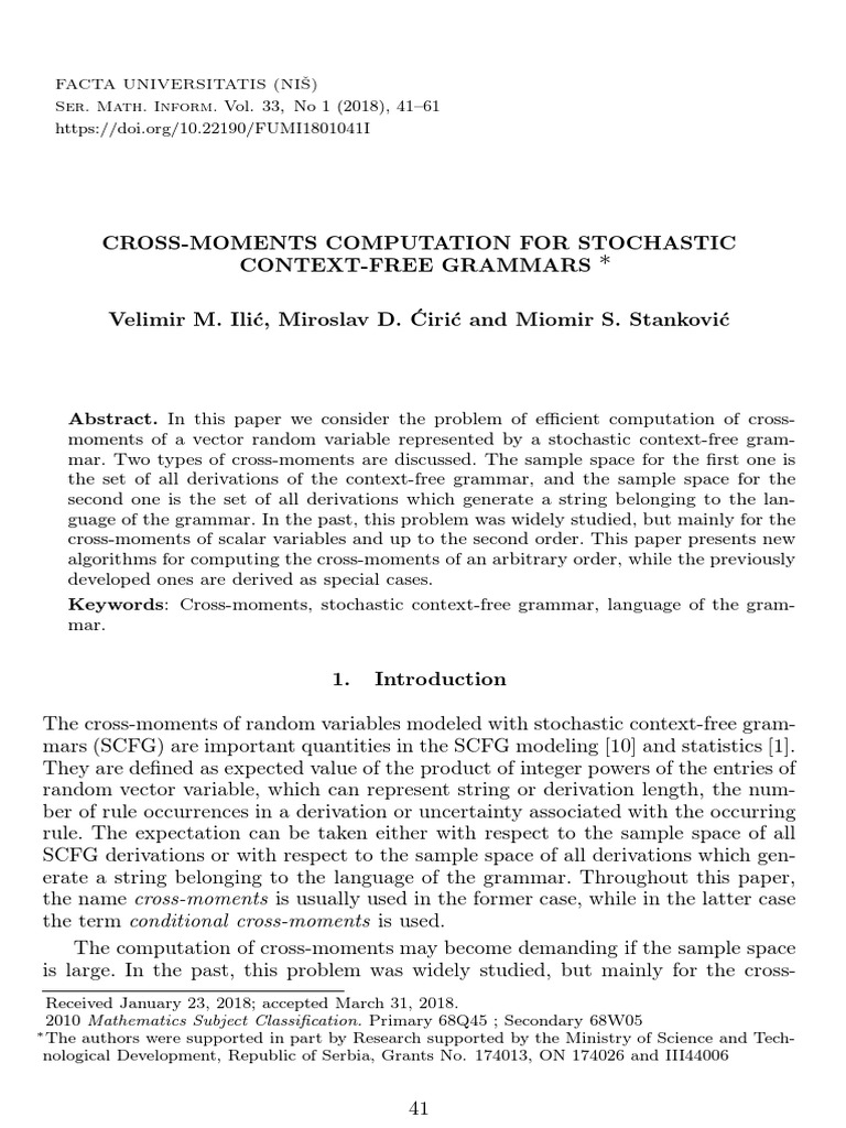 149-2018-Cross-Moments Computation For Stochastic Context-Free Grammars | PDF | Matrix ...