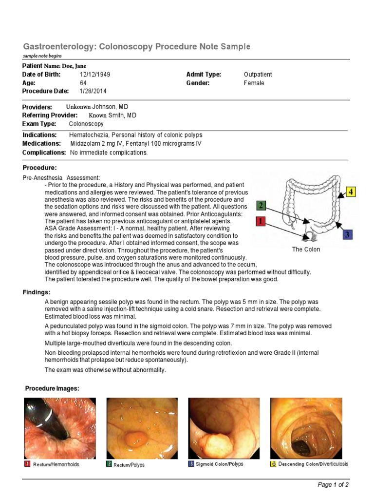 Gastroenterology: Colonoscopy Procedure Note Sample: Name: Doe, Jane ...
