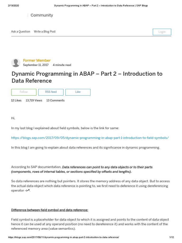 Dynamic Programming in ABAP - Part 2 - Introduction To Data Reference - SAP Blogs | PDF ...