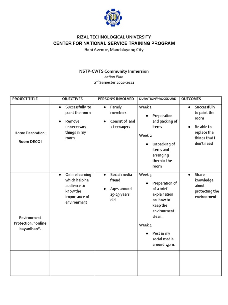 Medina Carl Joseph D. Nstp-Action Plan | PDF | Human Nature | Foods