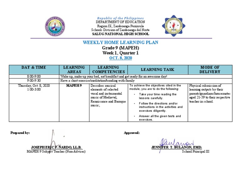 Weekly Home Learning Plan: Grade 9 (MAPEH) Week 1, Quarter 1 | PDF ...