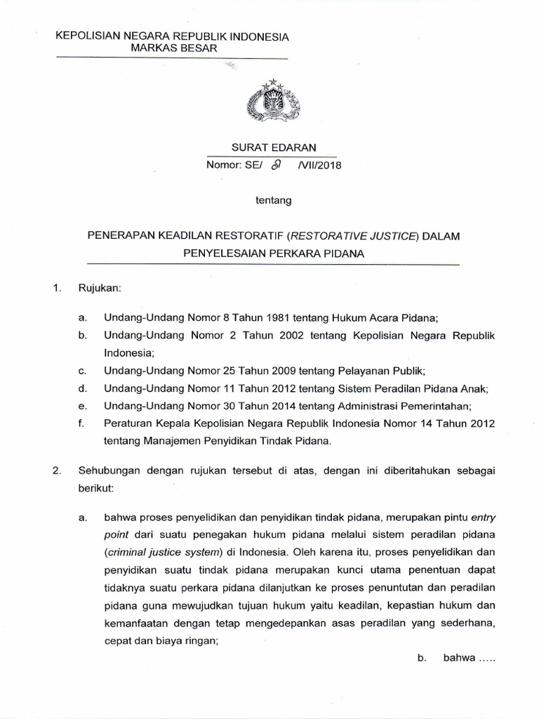 Surat Edaran Restorative Justice | PDF