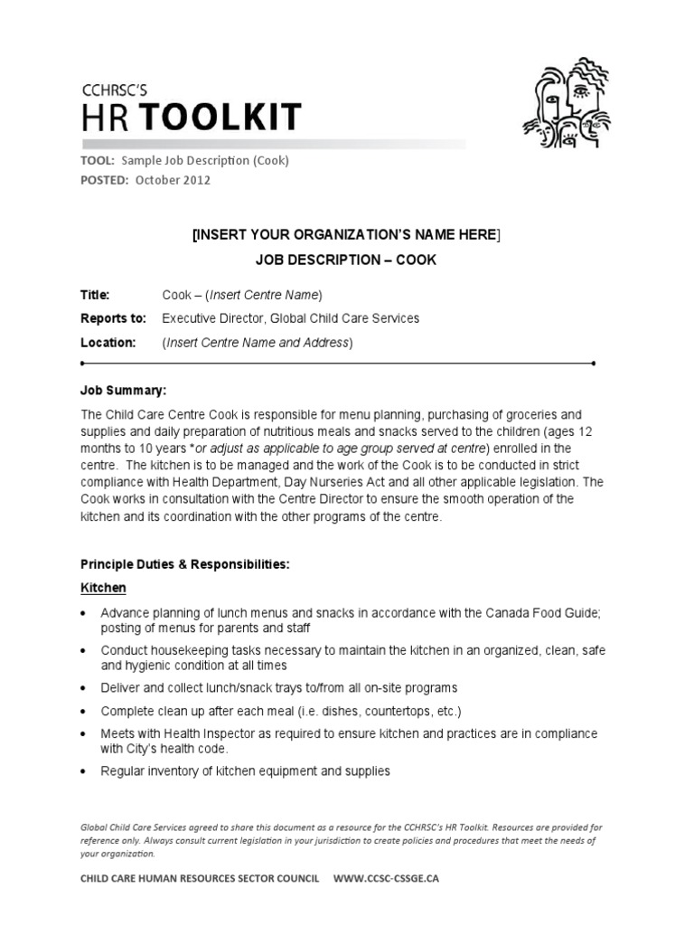 TOOL: Sample Job Description (Cook) POSTED: October 2012 | PDF | Child ...