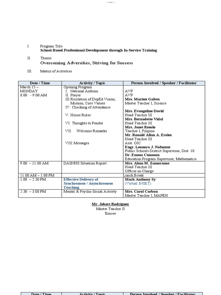 INSET Training Matrix Mar15-19-2021 | PDF