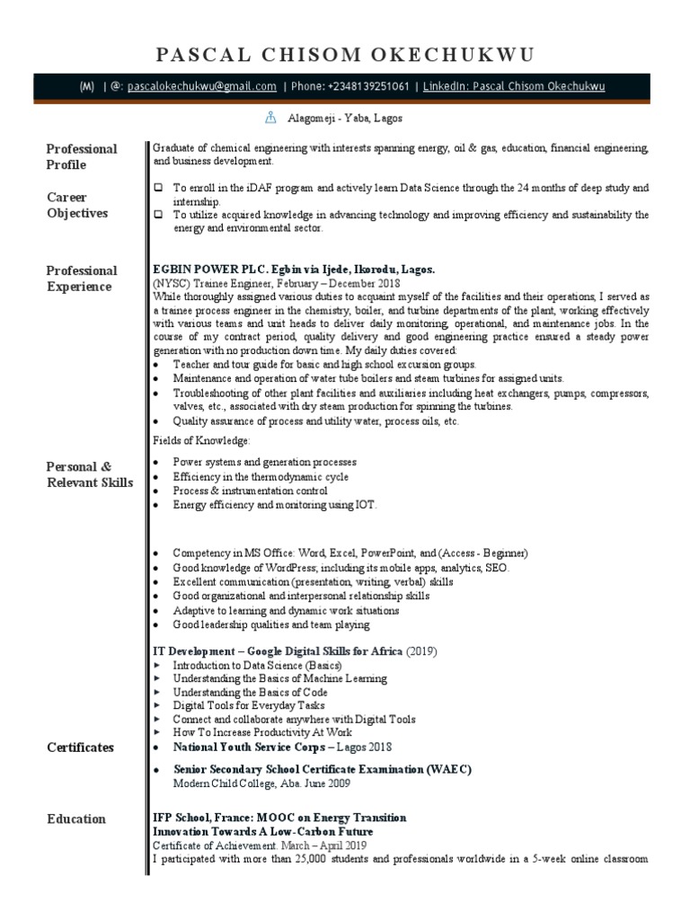 Pascal Chisom Okechukwu: Professional Profile Career Objectives | PDF | Steam | Massive Open ...