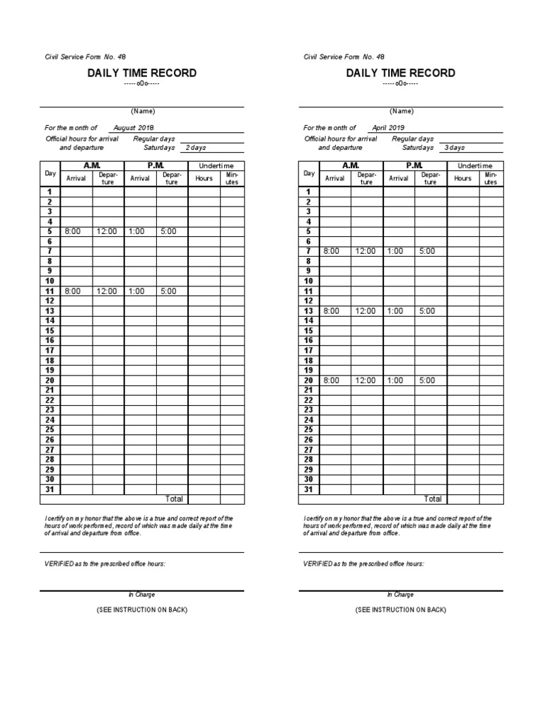 Civil Service Daily Time Record Form 48 | PDF | Teaching Mathematics
