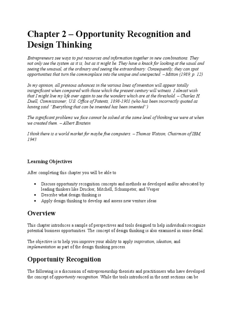 Chapter 2 - Opportunity Recognition and Design Thinking: Learning Objectives | PDF | Design ...