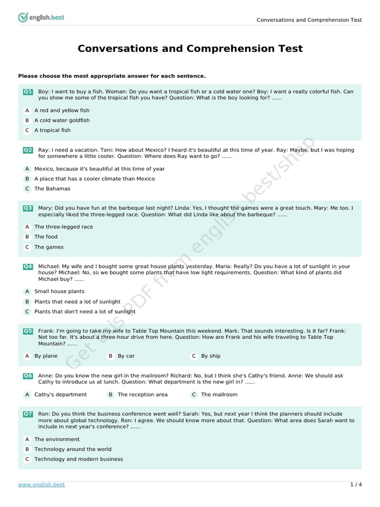 Conversations and Comprehension Test: Please Choose The Most ...