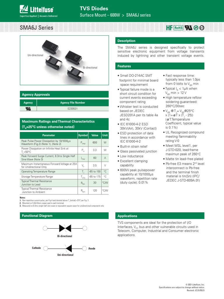 Surface Mount - 600W SMA6J Series | PDF | Diode | Electrostatic Discharge