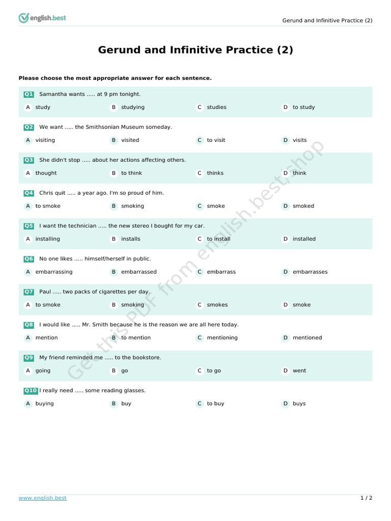 Gerund and Infinitive Practice (2) : Please Choose The Most Appropriate ...