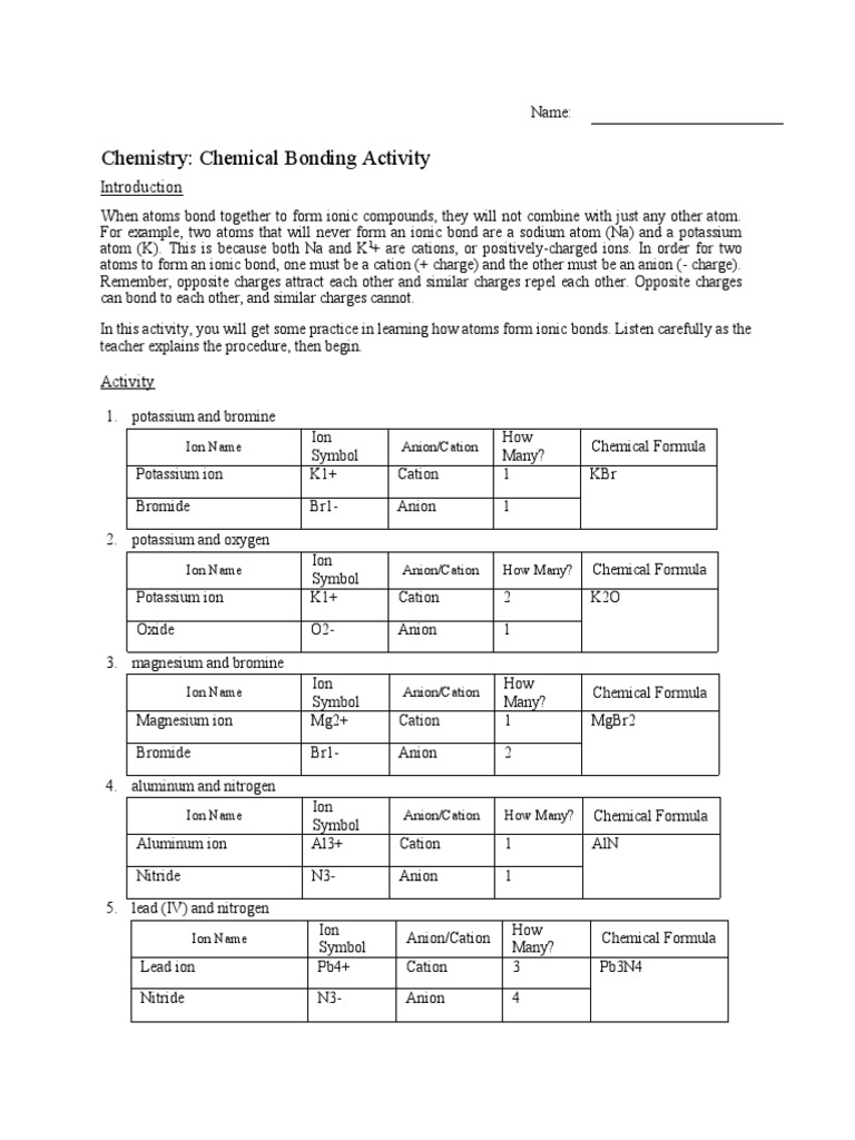 Chemistry: Chemical Bonding Activity: Ion Name Anion/Cation | PDF | Ion ...