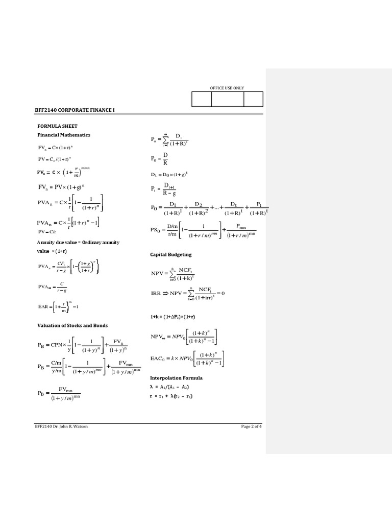 Bff2140 Corporate Finance I: Formula Sheet Financial Mathematics | PDF ...