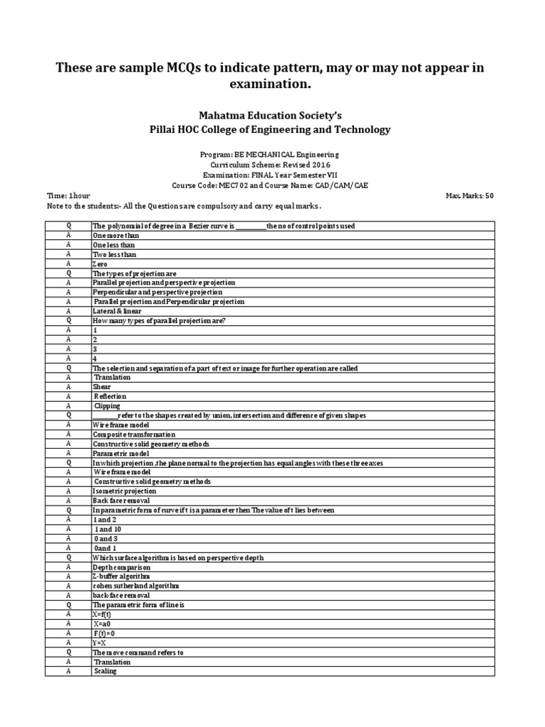 These Are Sample Mcqs To Indicate Pattern, May or May Not Appear in ...