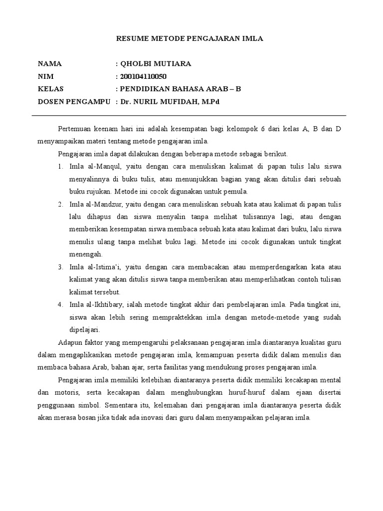 Resume6 - Metode Pengajaran Imla | PDF | Karier & Perkembangan