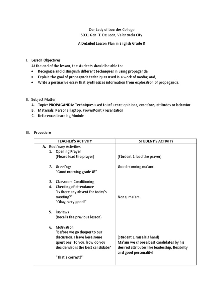 Teacher'S Activity Student'S Activity A. Routinary Activities | PDF ...