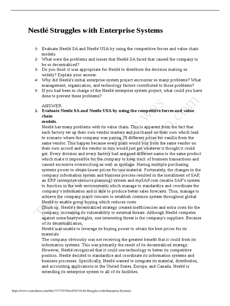 This Study Resource Was: Nestlé Struggles With Enterprise Systems | PDF ...