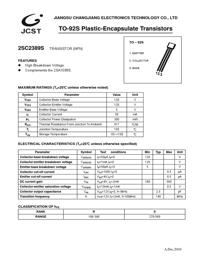 TO-92S Plastic-Encapsulate Transistors: Jiangsu Changjiang Electronics Technology Co., LTD | PDF ...
