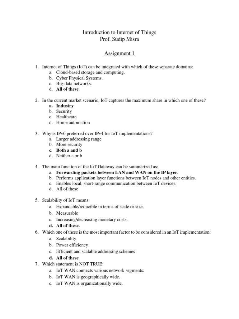 Introduction To Internet of Things Prof. Sudip Misra Assignment 1 | PDF ...