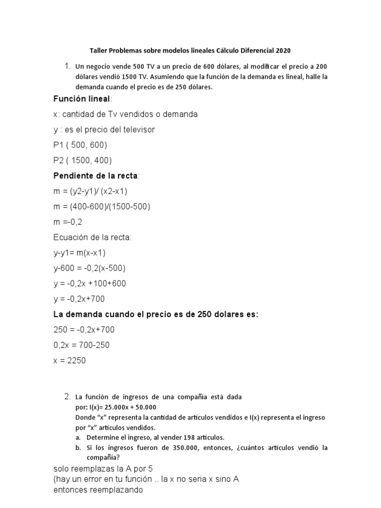 Taller Problemas Sobre Modelos Lineales Cálculo Diferencial 2020 | PDF ...