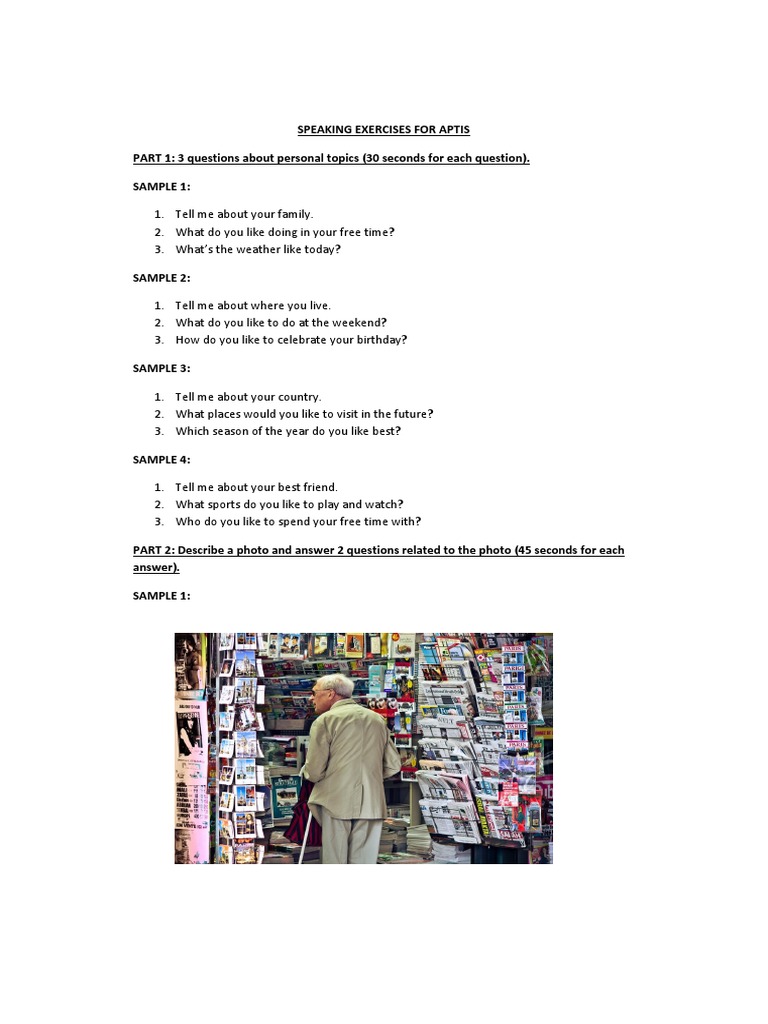 Speaking Exercises for the Aptis Exam: Sample Questions and Topics | PDF