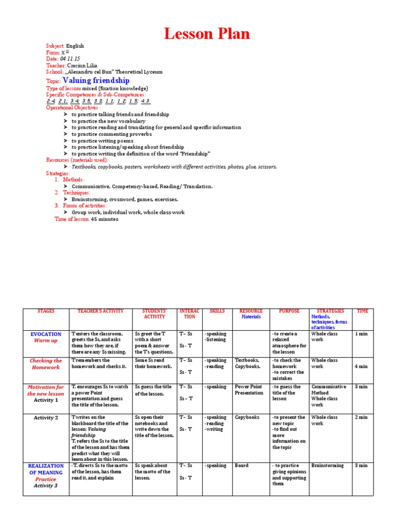 Lesson Plan: Valuing Friendship | PDF | Lesson Plan | Vocabulary