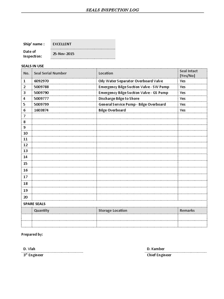 Ship Seals Inspection Log - EXCELLENT | PDF | Pump | Gases