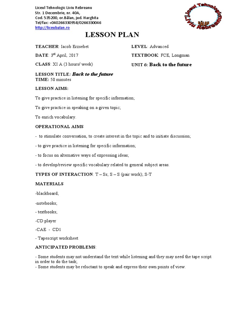 Lesson Plan: Back To The Future Back To The Future | PDF | Behavior ...