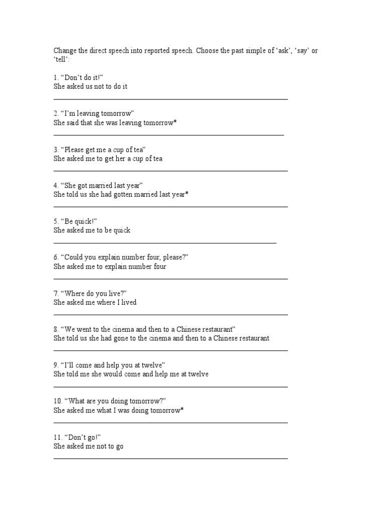 Exercise 1 - Change The Direct Speech Into Reported Speech | PDF