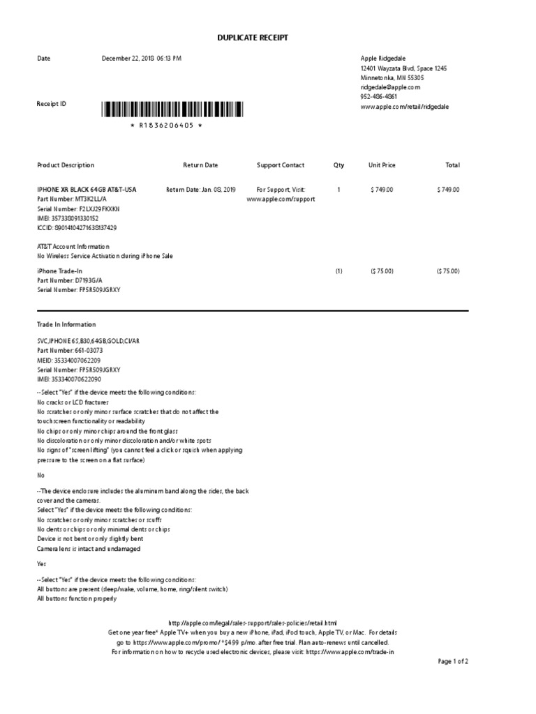 Duplicate Receipt | PDF | I Phone | I Pod Touch