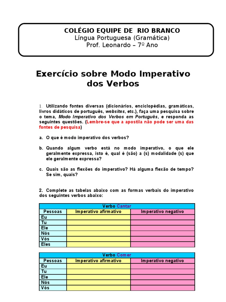 Exercício sobre Modo Imperativo dos Verbos -12-05-2010 | Semiótica ...
