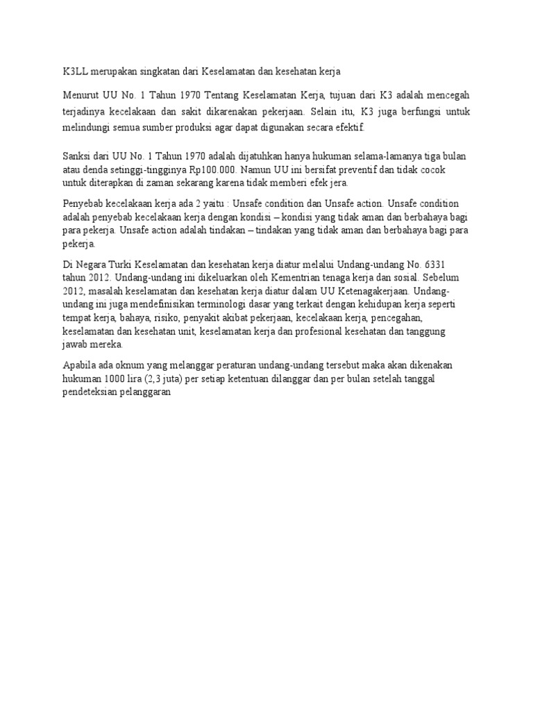 K3LL Merupakan Singkatan Dari Keselamatan Dan Kesehatan Kerja | PDF