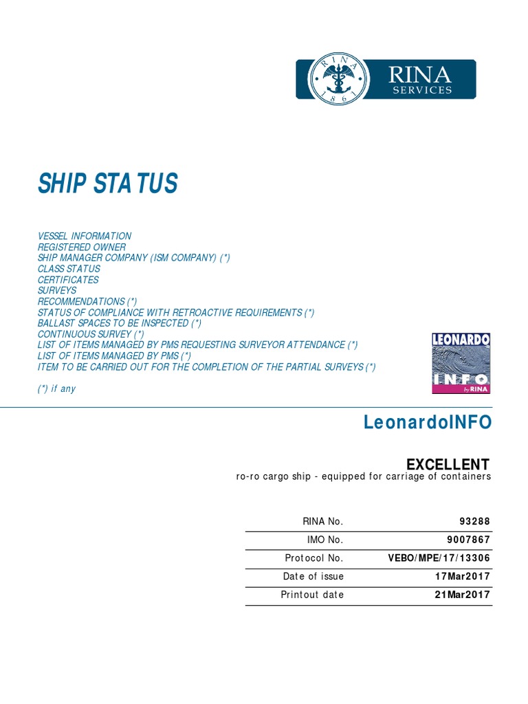 Ship Status Report - EXCELLENT | PDF | Marine Propulsion | Piston
