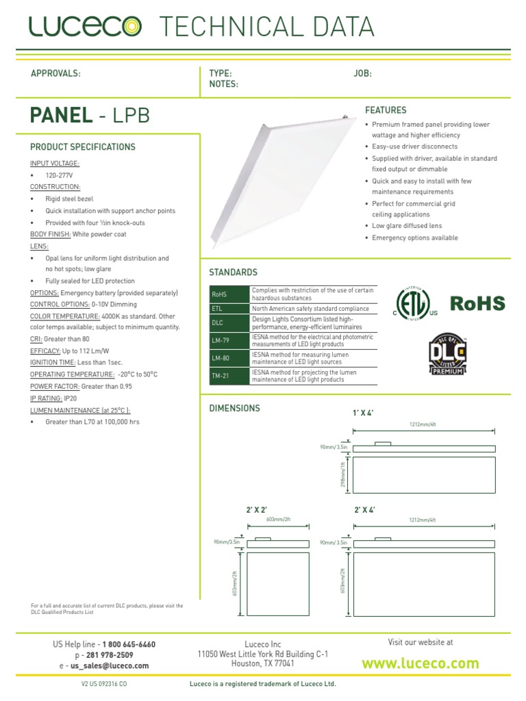 Technical Specifications and Ordering Guide for the Luceco LPB Panel ...