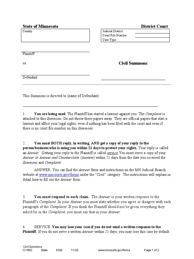 State of Minnesota District Court: Plaintiff Vs | PDF | Summons | Lawsuit