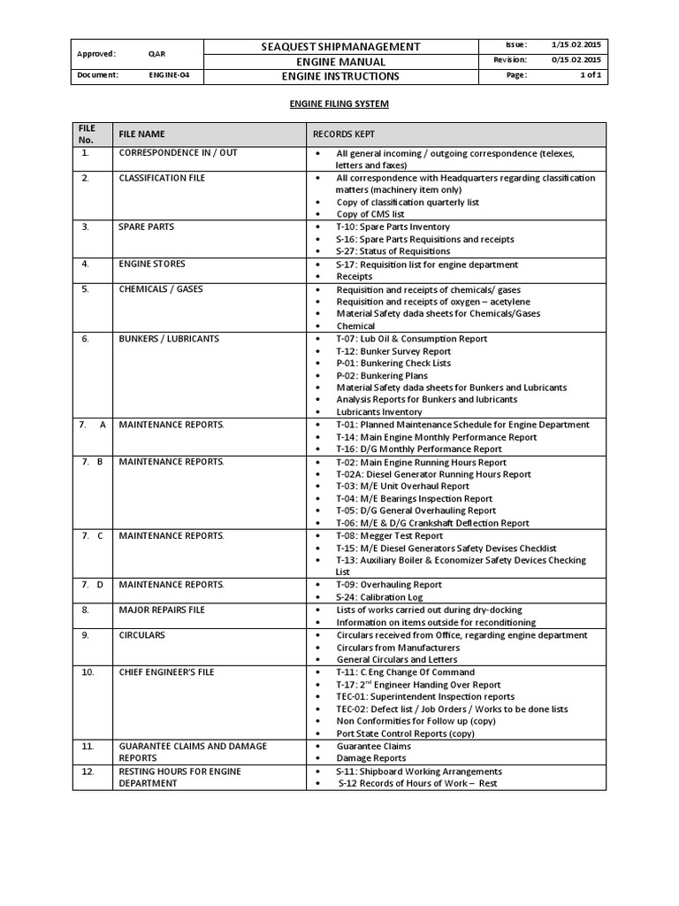 Seaquest Shipmanagement Engine Manual Engine Instructions: Engine ...
