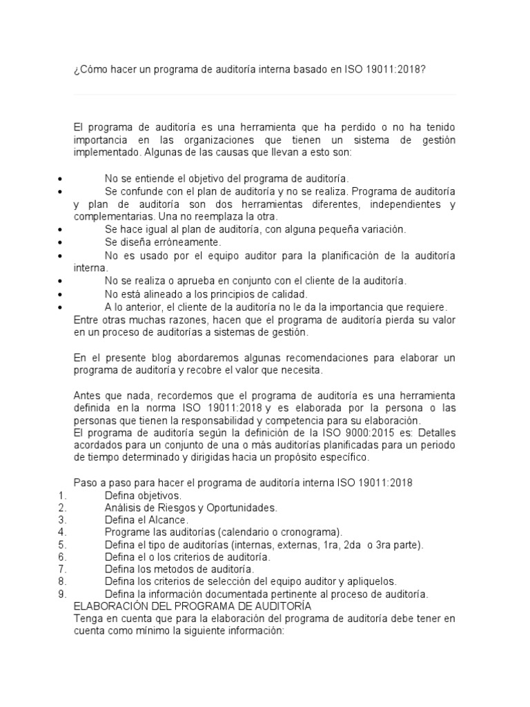 Cómo Hacer Un Programa de Auditoría Interna Basado en ISO 19011 | PDF ...