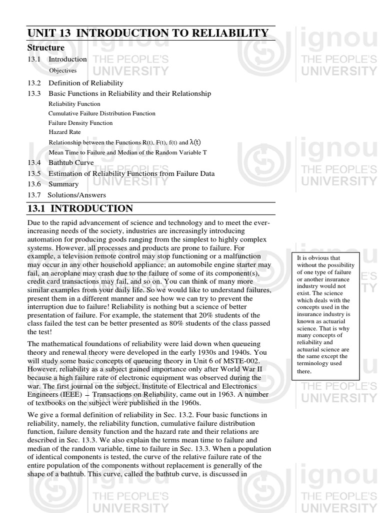 Unit 13 Introduction To Reliability: Structure | PDF | Reliability Engineering | Probability ...