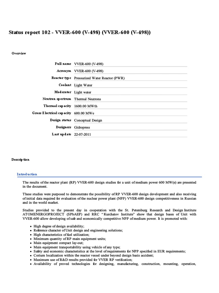 VVER-600 Reactor Design Report | PDF | Technology & Engineering