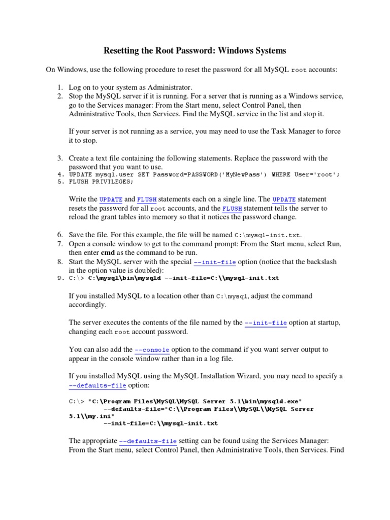 Resetting The MySQL 5.1 Root Password in Windows System | PDF | Superuser | Command Line Interface