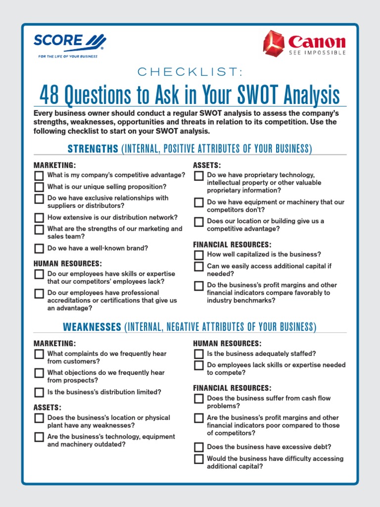 SCORE Canon Questions To Ask in Your SWOT Analysis Checklist | PDF ...
