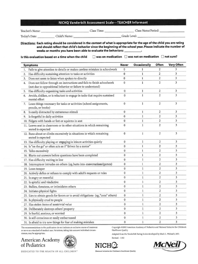 Vanderbilt Assessment For ADHD - Teacher Rating Scale | PDF
