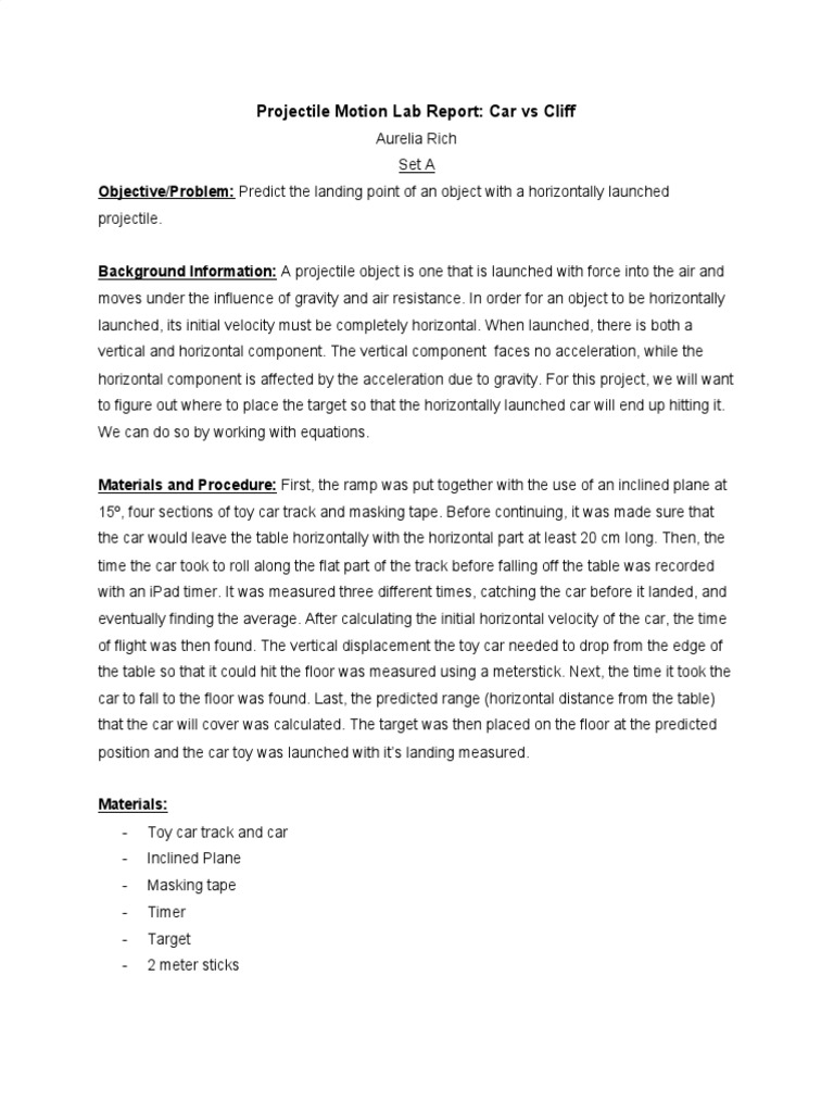 Projectile Motion Lab 2020 - Car vs. Cliff | PDF | Projectiles | Physics