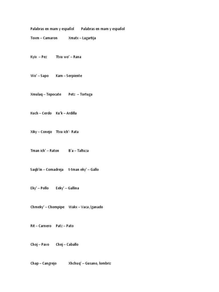 Nombres de animales en mam y español | PDF