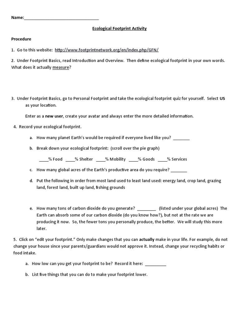 Name: - Ecological Footprint Activity Procedure | PDF | Sustainability ...
