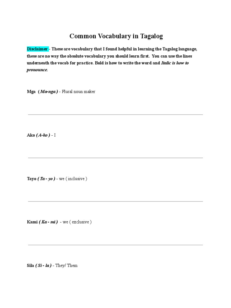 Common Vocabulary in Tagalog 1 | PDF