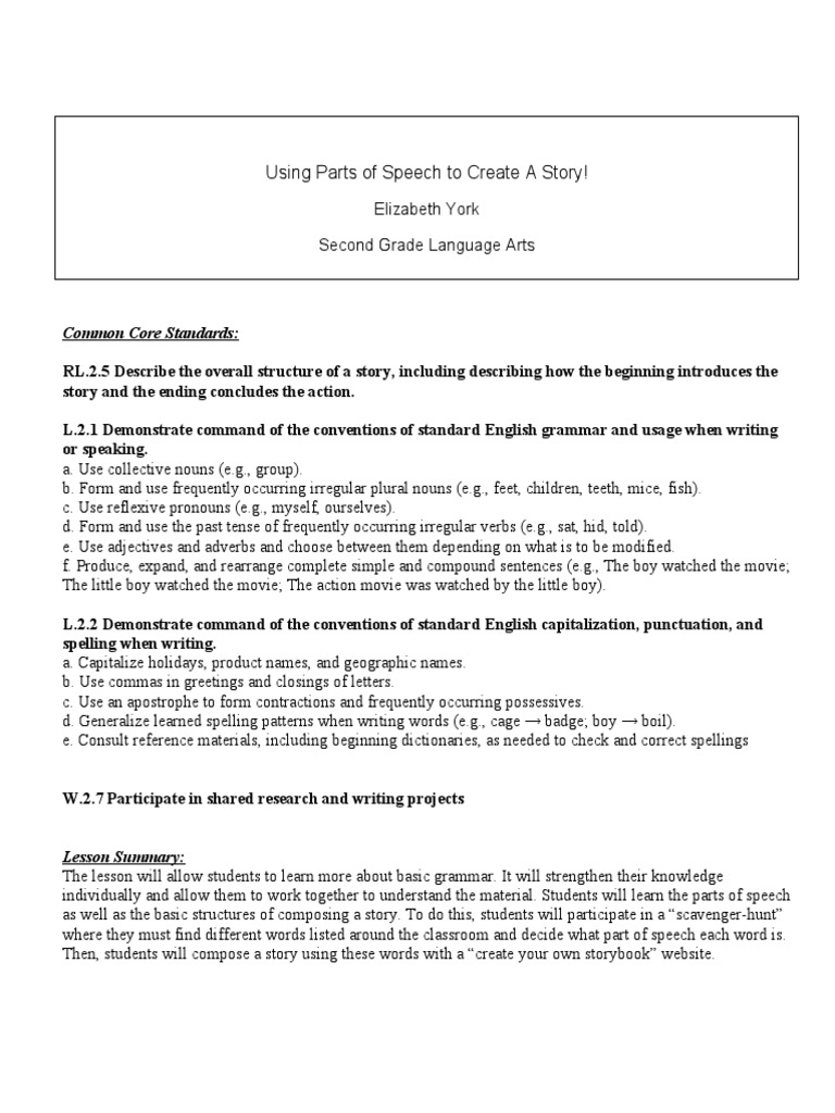 Parts of Speech Story Creation Lesson | PDF | Part Of Speech | Adverb