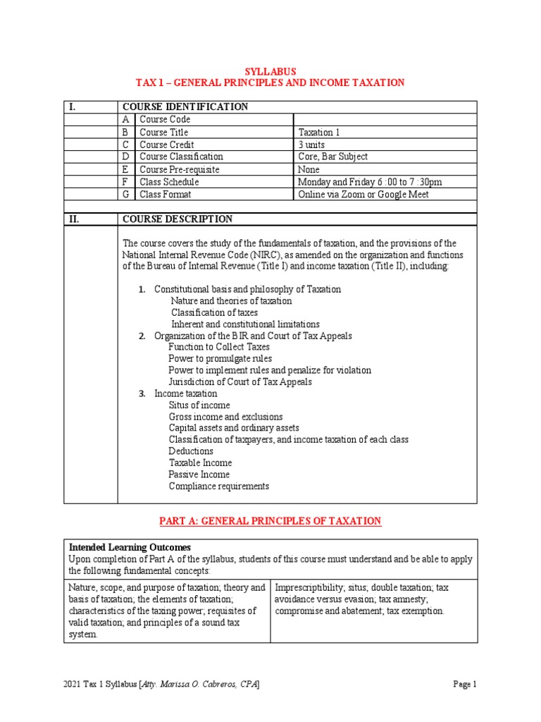 I. Course Identification: Syllabus Tax 1 - General Principles and ...